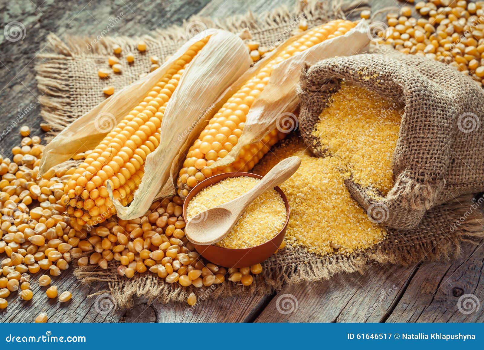 Corn Groats and Seeds, Corncobs on Wooden Rustic Table. Stock Image ...