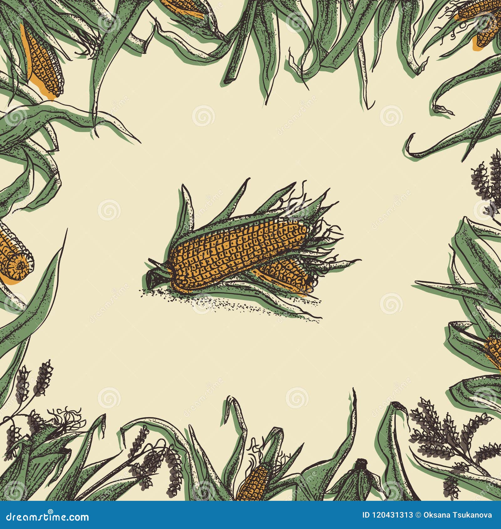 Corn Floral Frame with Corn Leaves and Cobs Stock Vector - Illustration ...