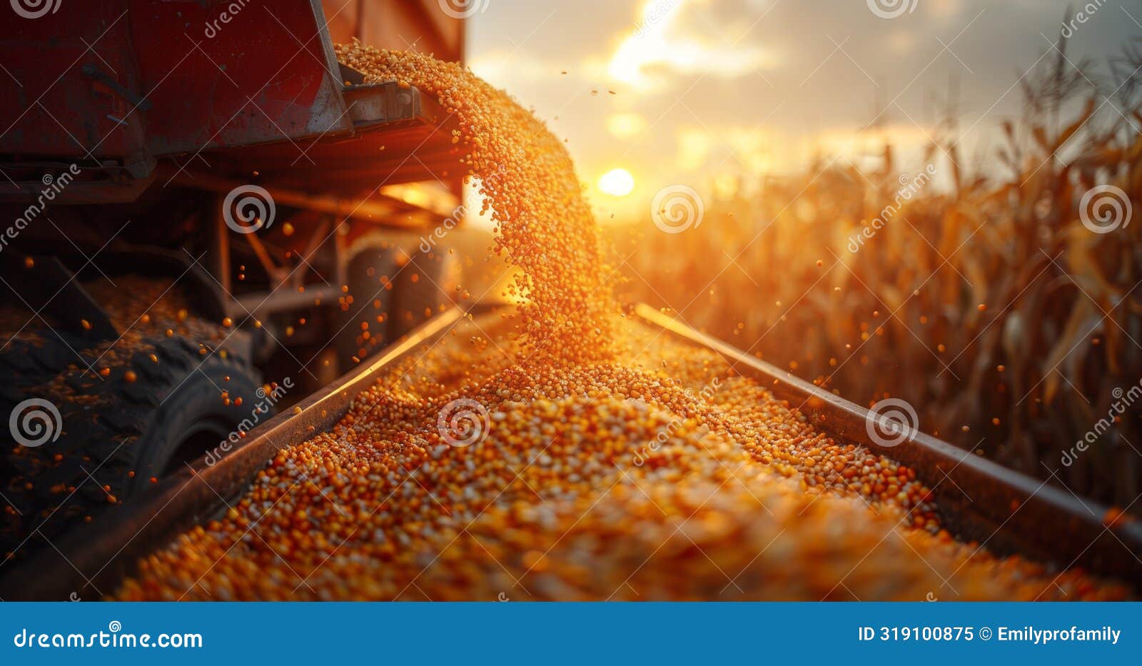 Corn Harvesting at Sunset in a Rural Cornfield with Machinery Unloading Kernels into a Trailer ...