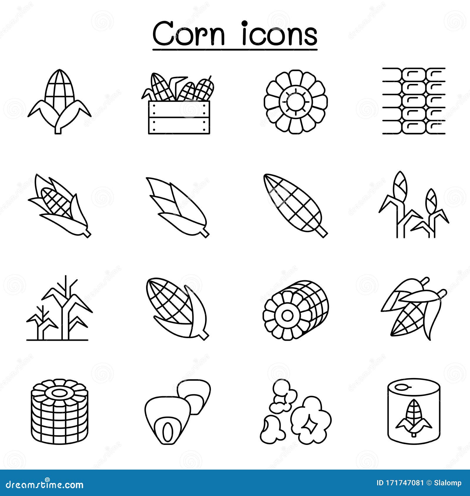 Corn Icon Set in Thin Line Style Stock Vector - Illustration of bake ...