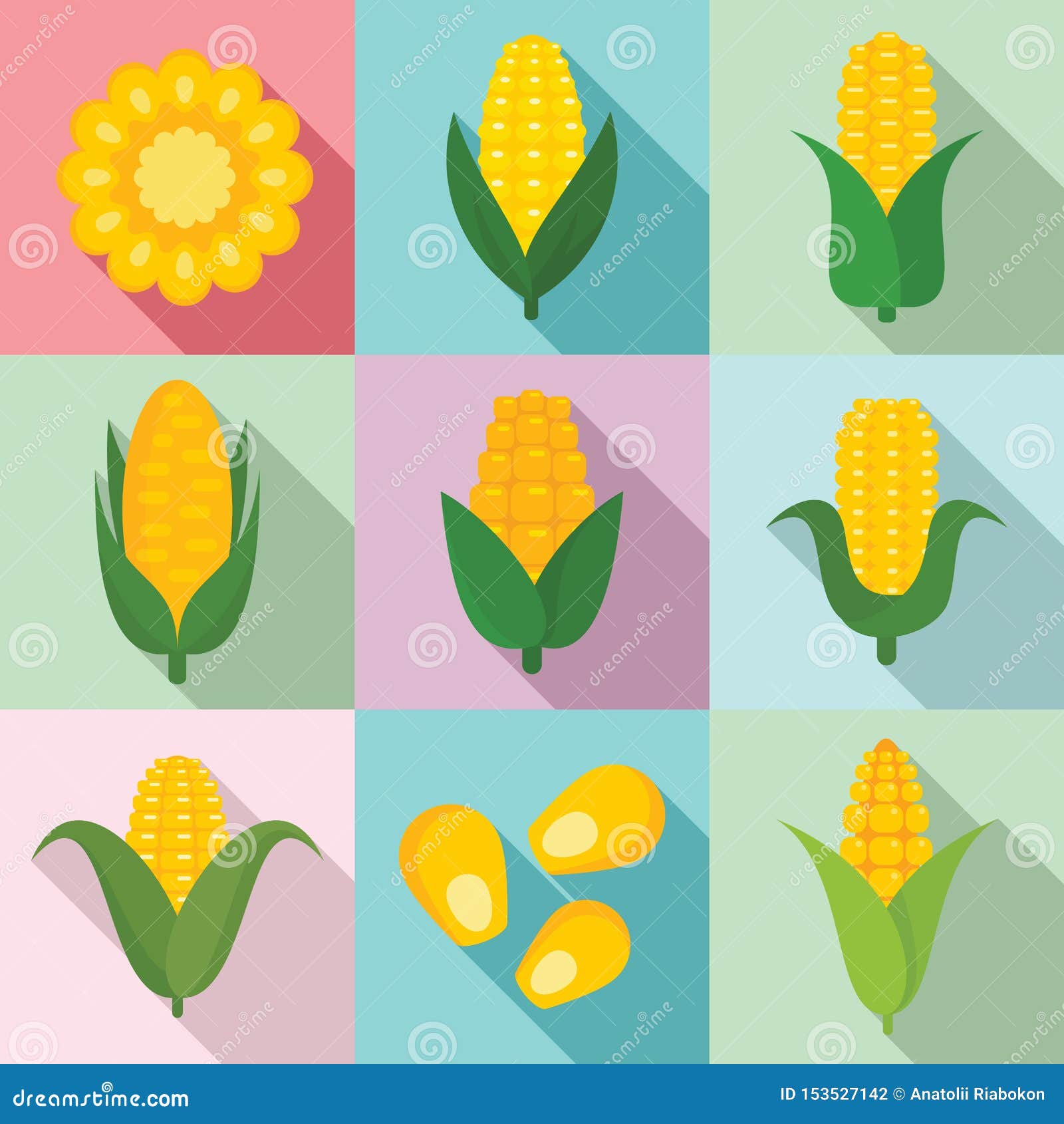 Corn icons set, flat style stock vector. Illustration of cornfield ...