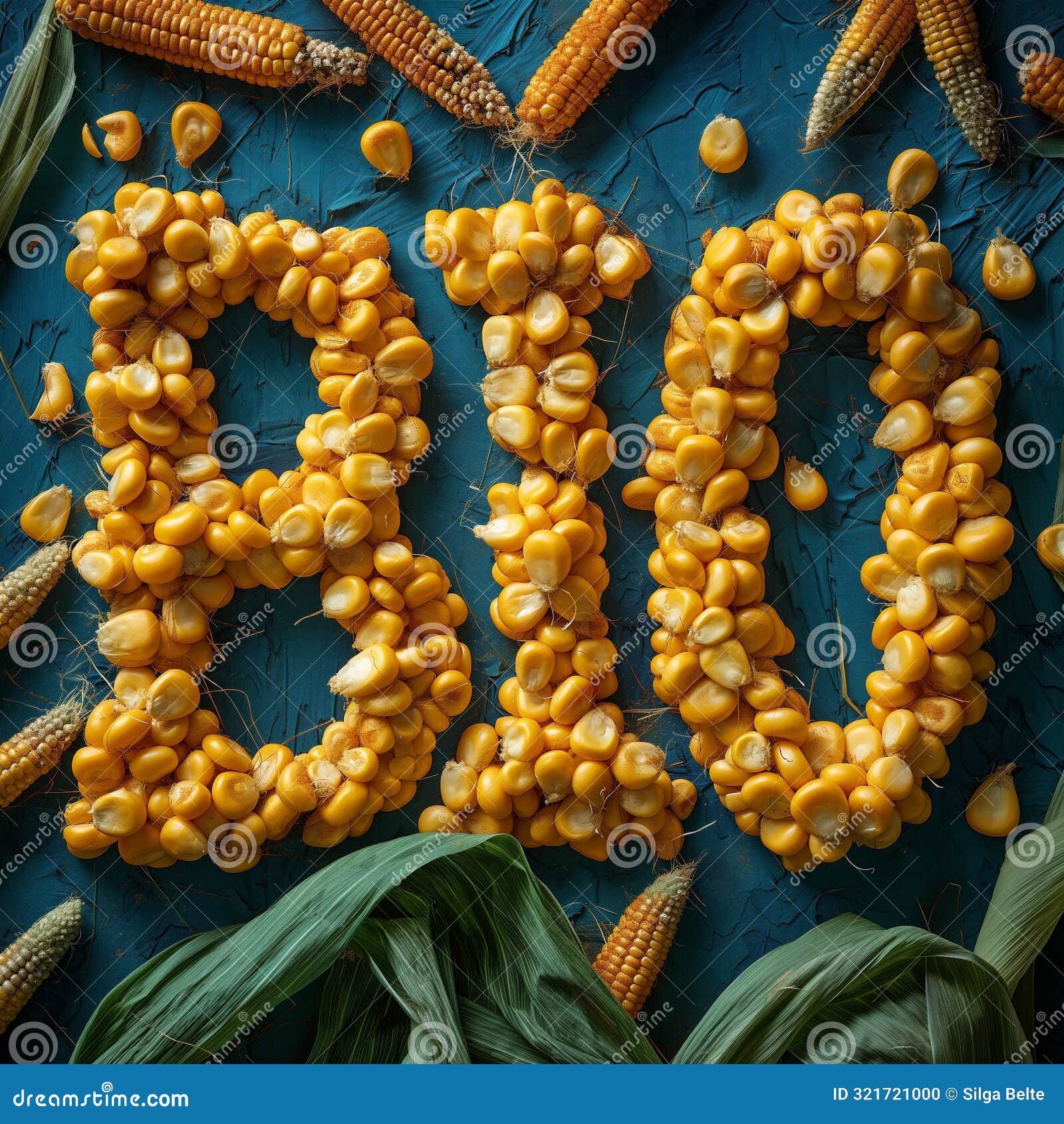 Corn Kernels Arranged To Spell Word BIO on a Dark Blue Background, with ...