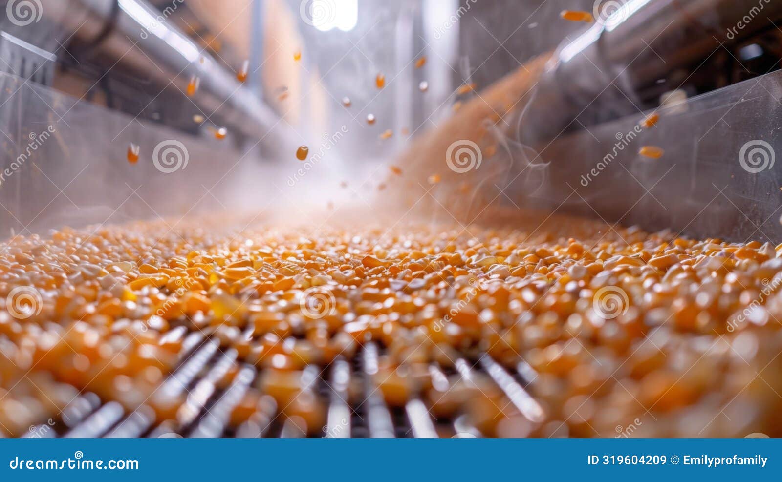 Conveyor System Processing Corn Kernels in a Food Factory during the ...