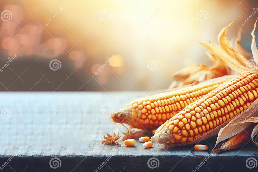 Corn Lying on the Table, on a Blurred Background. Space for Text. Stock ...