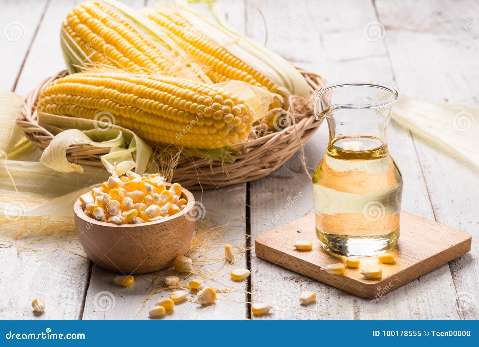 Corn Oil and Corn on Rustic Wood Background Stock Image - Image of ...
