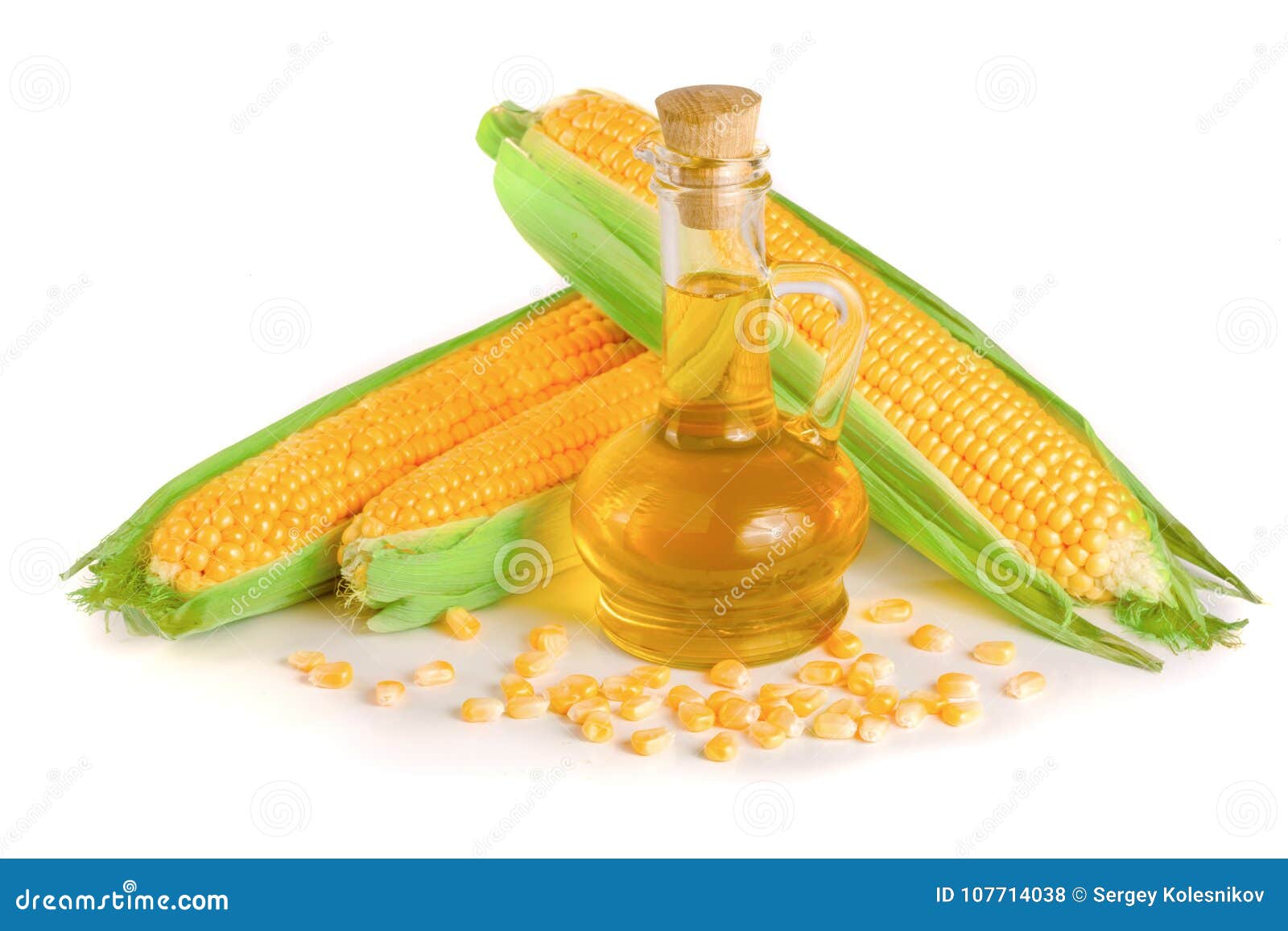 Corn Oil in Decanter, Fresh Corn Cobs and Grains Isolated on White ...