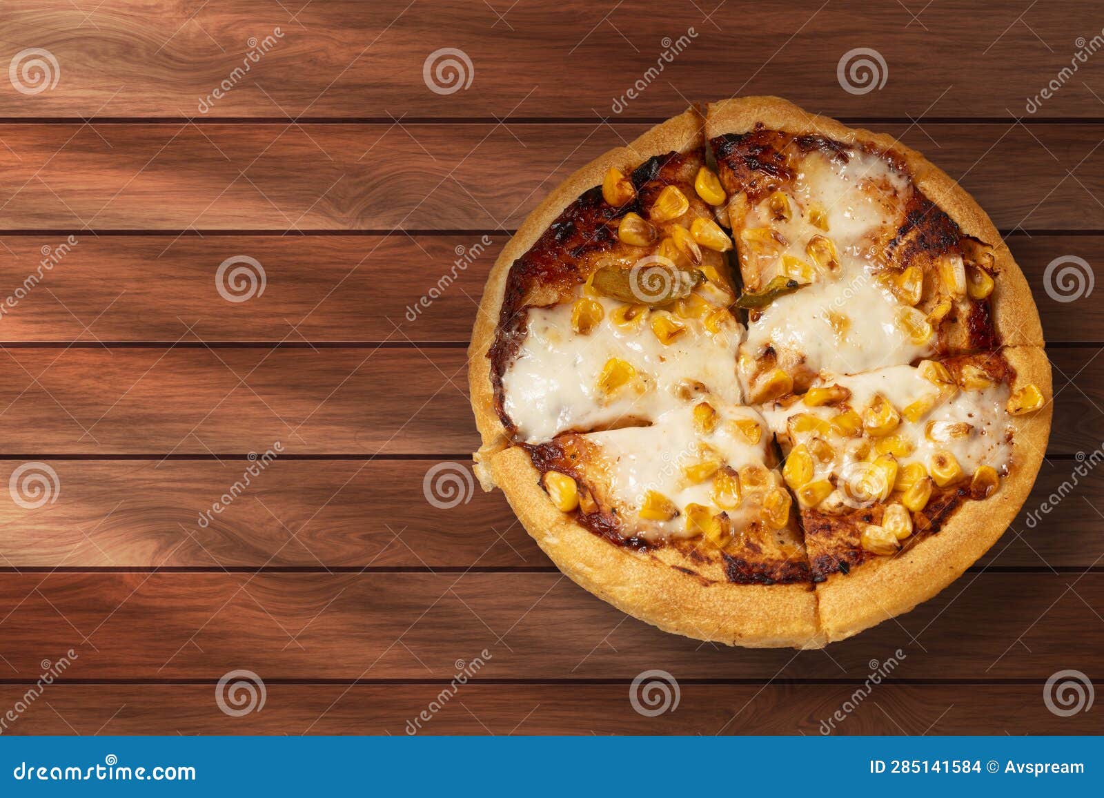 Corn Pizza on Wooden Table Background. Top View with Copy Space Stock ...