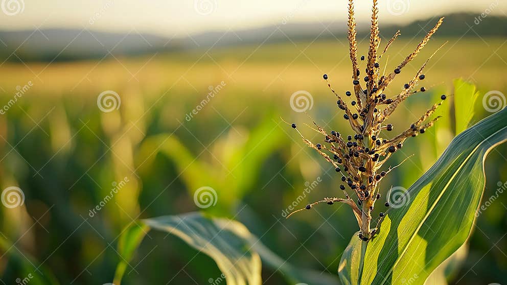 A Corn Plant Infested with Corn Earworms, with the Field Softly Blurred ...
