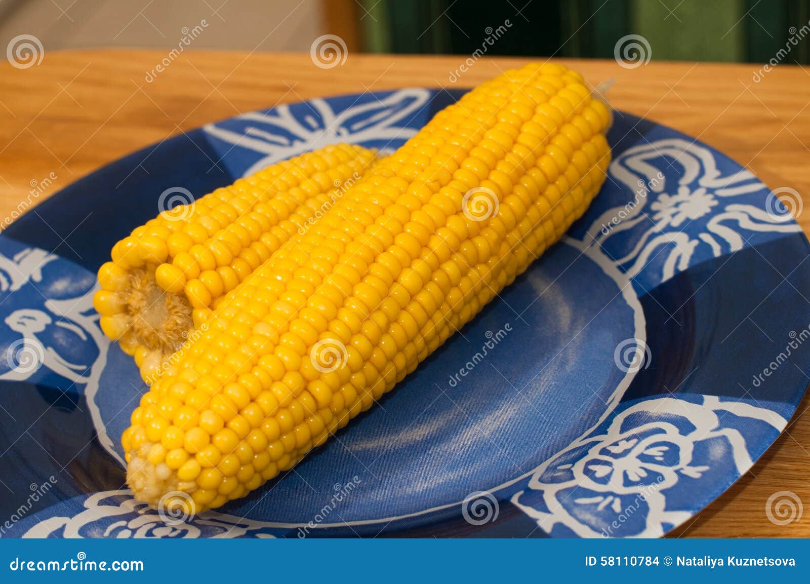 Corn on plate stock photo. Image of indoor, blue, brown - 58110784