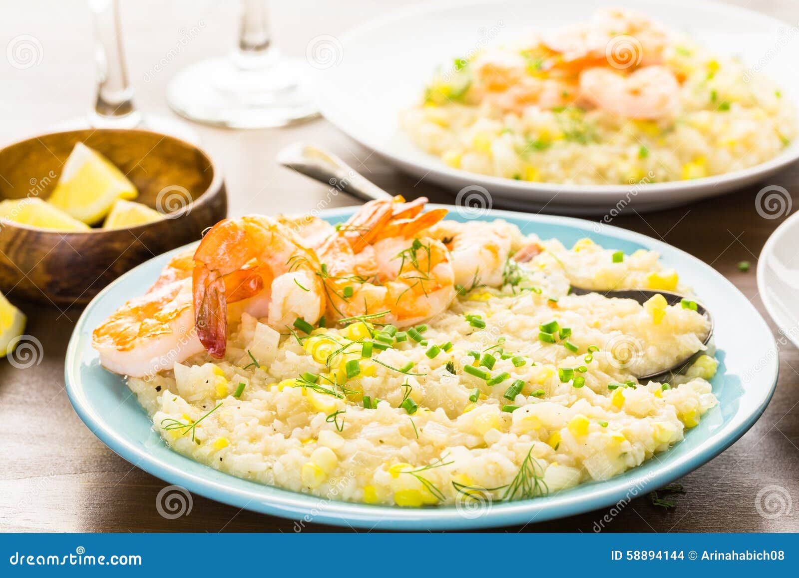 Corn Risotto with Roasted Shrimp Stock Photo - Image of shellfish ...