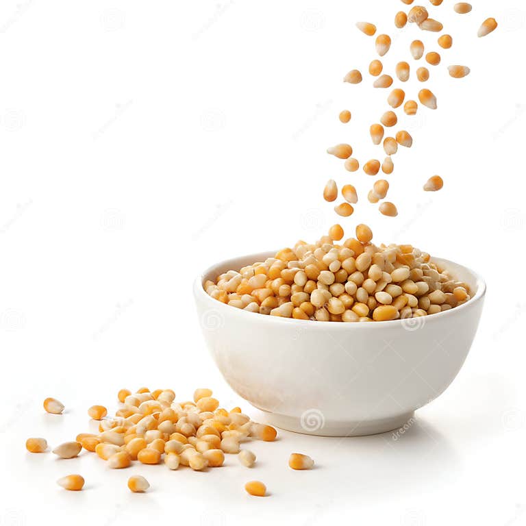 Corn Seeds Falling from White Bowl Isolated on White Background Stock ...