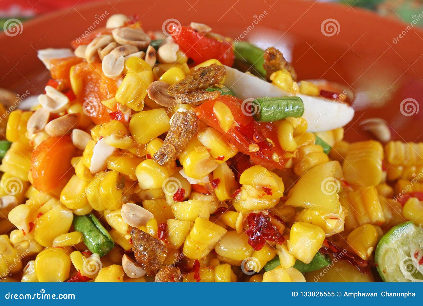 Corn Spicy Salad and Crispy Fish Stock Image - Image of delicious ...