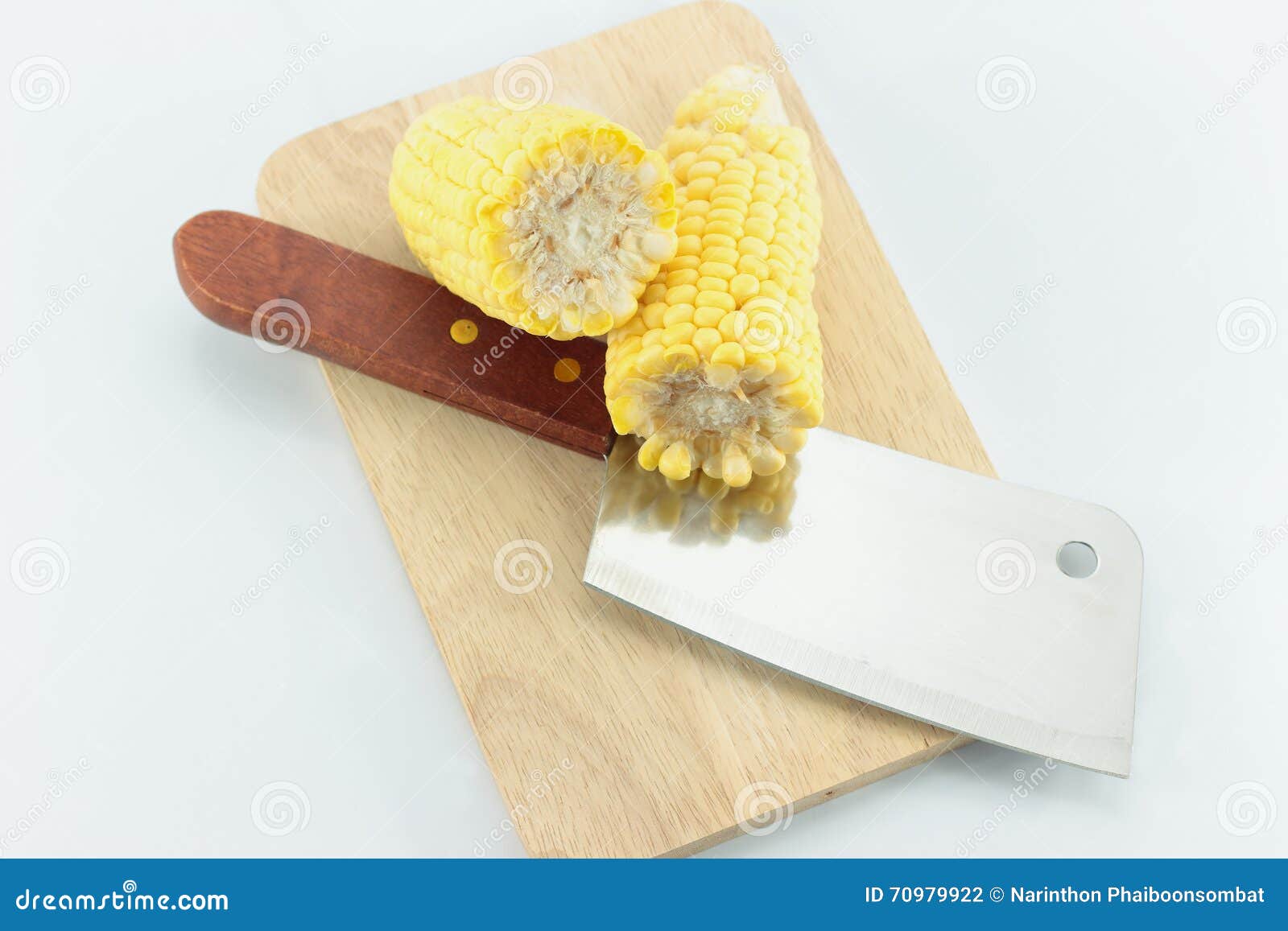 Corn Split on the Chopping Block and Kitchen Knife Stock Photo - Image ...