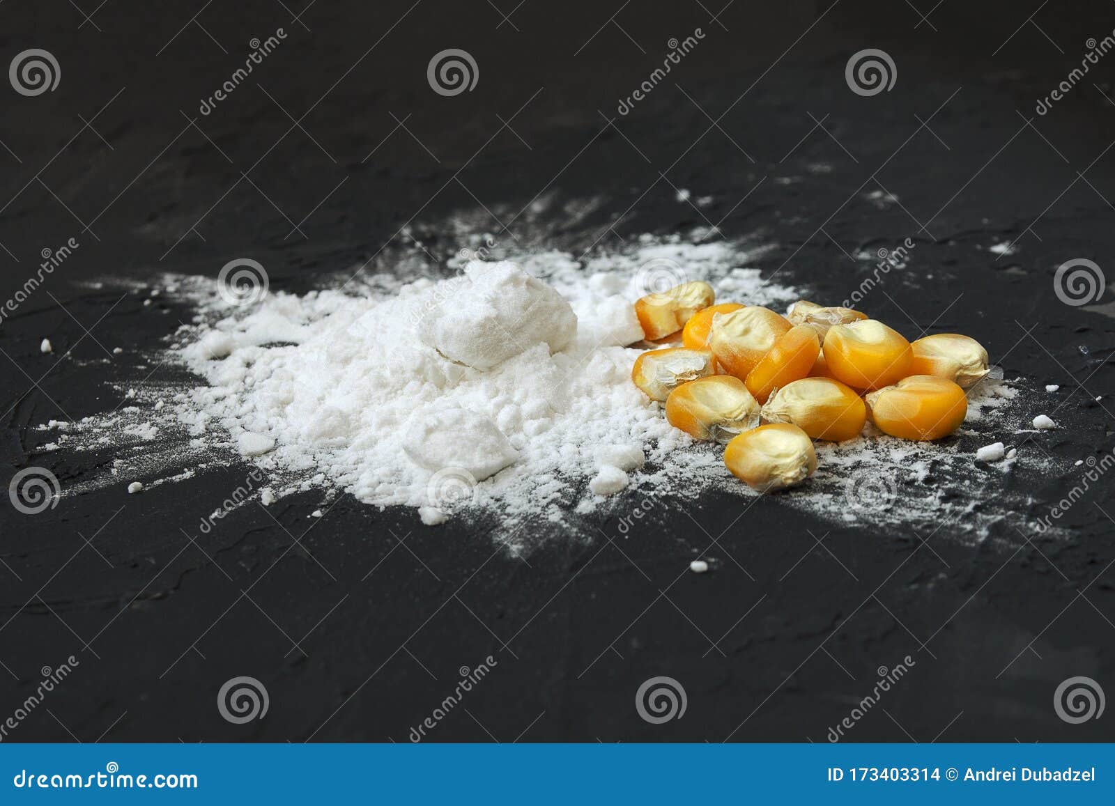 Corn Starch with Yellow Grains on a Black Background. Corn White Starch ...