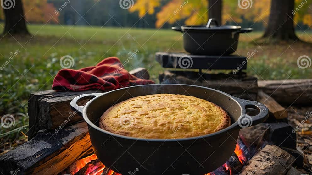 A Cornbread Baking in a Dutch Oven Over a Campfire in a Scenic Outdoor ...