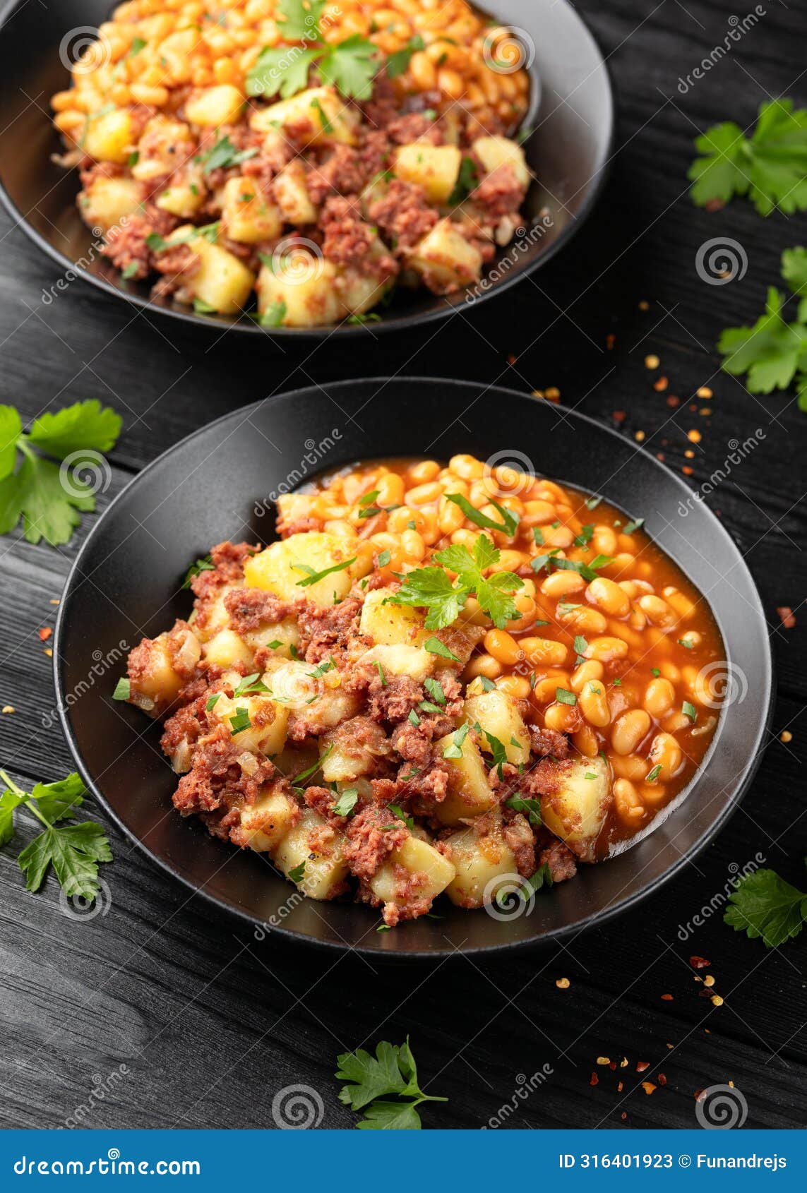 Corned Beef Hash with Potatoes and Beans in Tomato Sauce. Stock Image ...