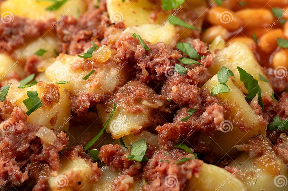 Corned Beef Hash with Potatoes and Beans in Tomato Sauce. Stock Image ...
