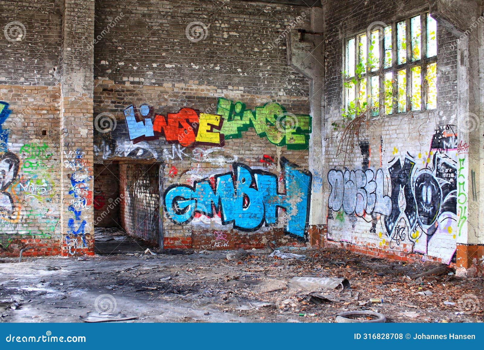 Corner of an Abandoned Factory Hall with Graffiti and Waste Stock Photo ...
