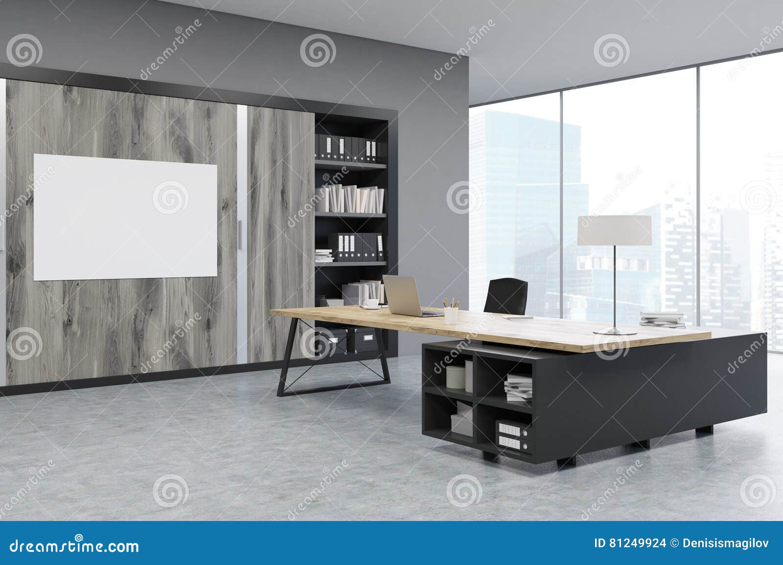 Corner of a CEO Office with Wooden Doors and a Bookcase Stock ...