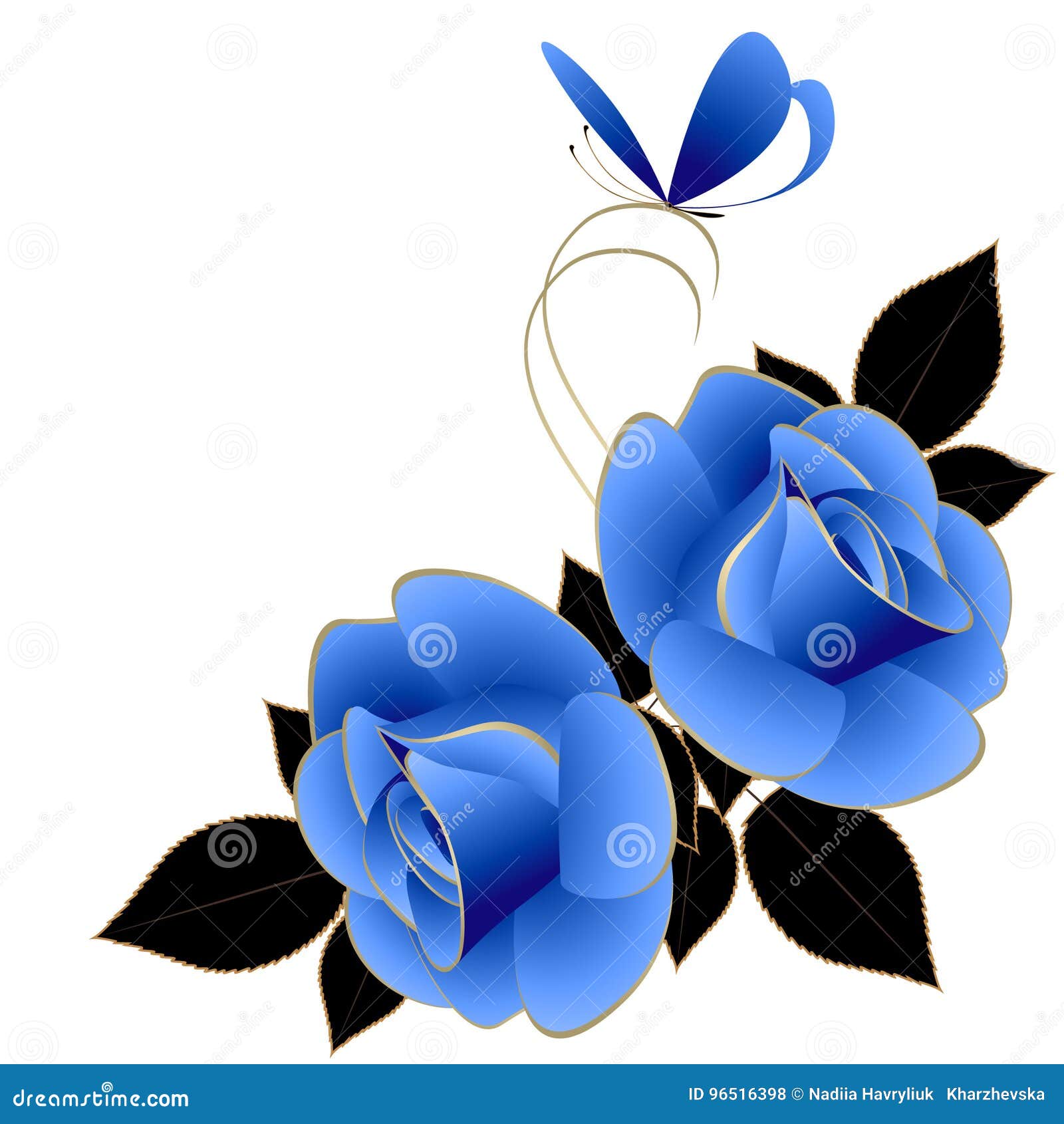 Corner Composition with Blue Roses and Butterfly, Isolated on White ...