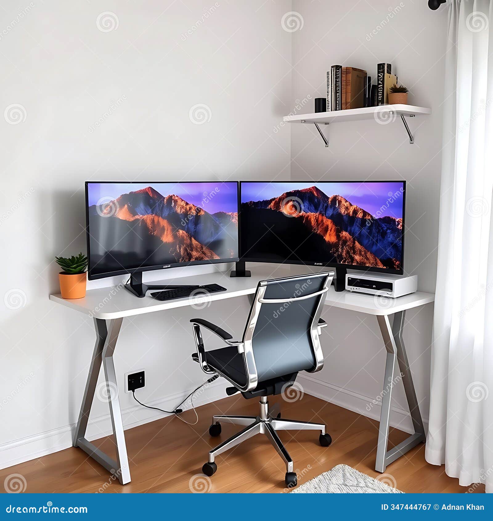 Corner Desk with Dual Monitors and a Comfortable Chair in a Home Office ...