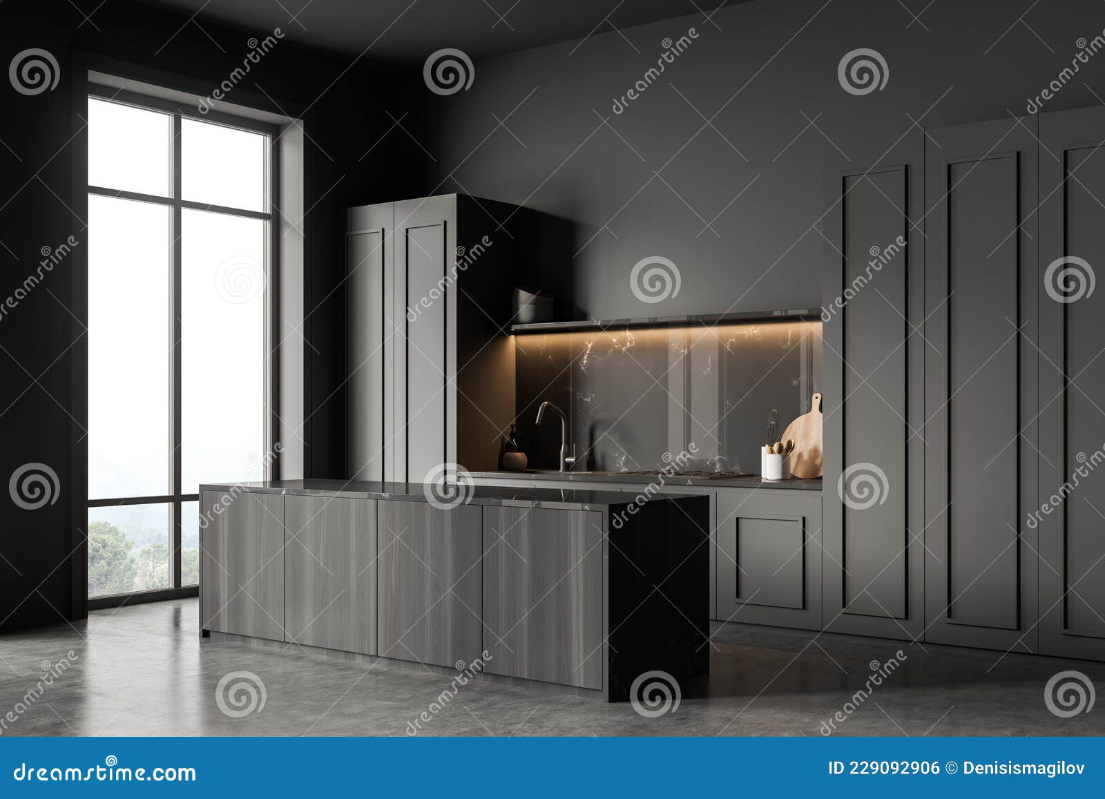 Corner of Panoramic Dark Grey Kitchen with Accent Backsplash and ...
