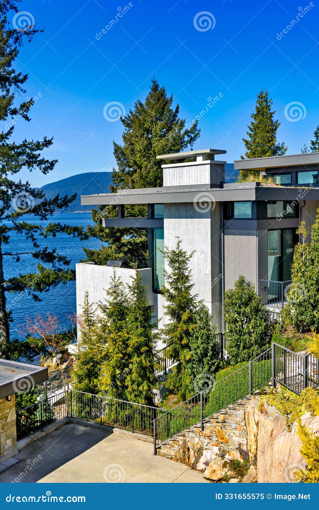 Corner of a Residential House with Pacific Ocean Bay Overview Stock ...