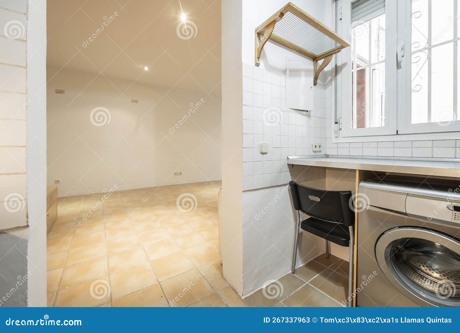 Corner Small Kitchen with Gray Table and Matching Washing Machine Stock ...