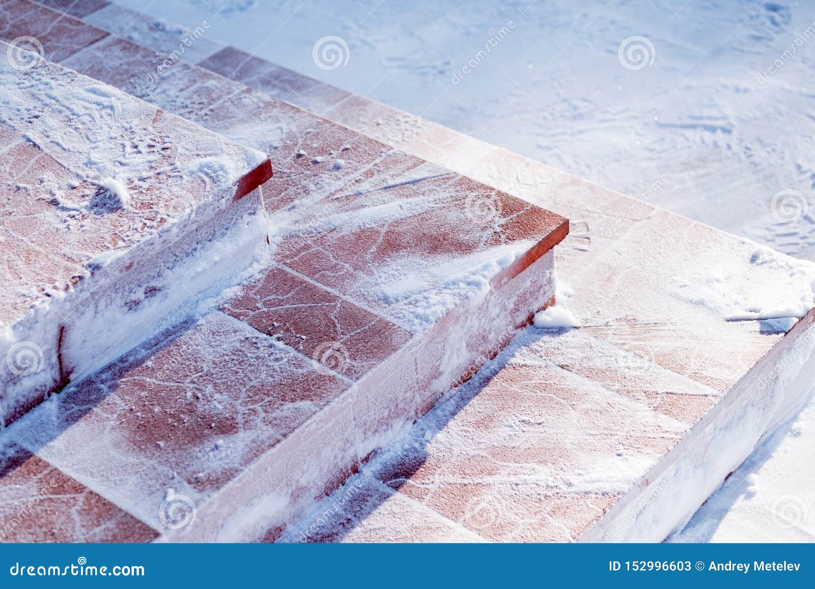 Corner Steps Covered with Paving Slabs Cleared of Snow in Winter Stock ...