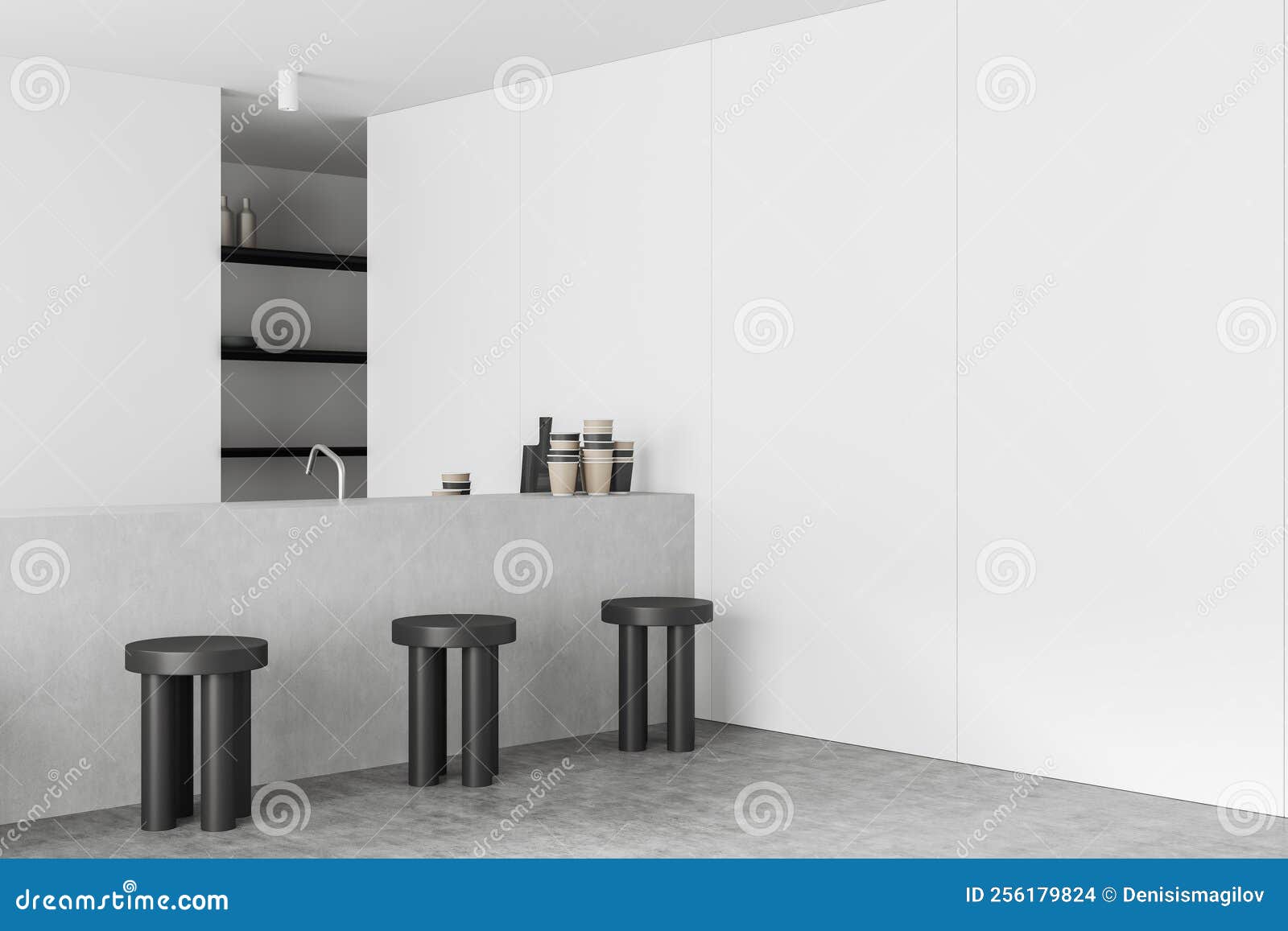 Corner View on Bright Cafe Interior with Empty White Wall Stock ...