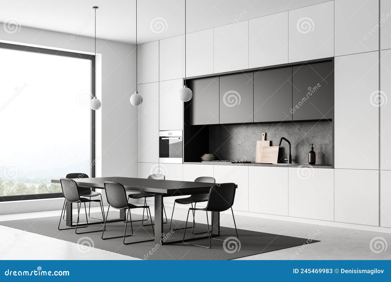 Corner View on Bright Kitchen Room Interior with Cupboard Stock ...