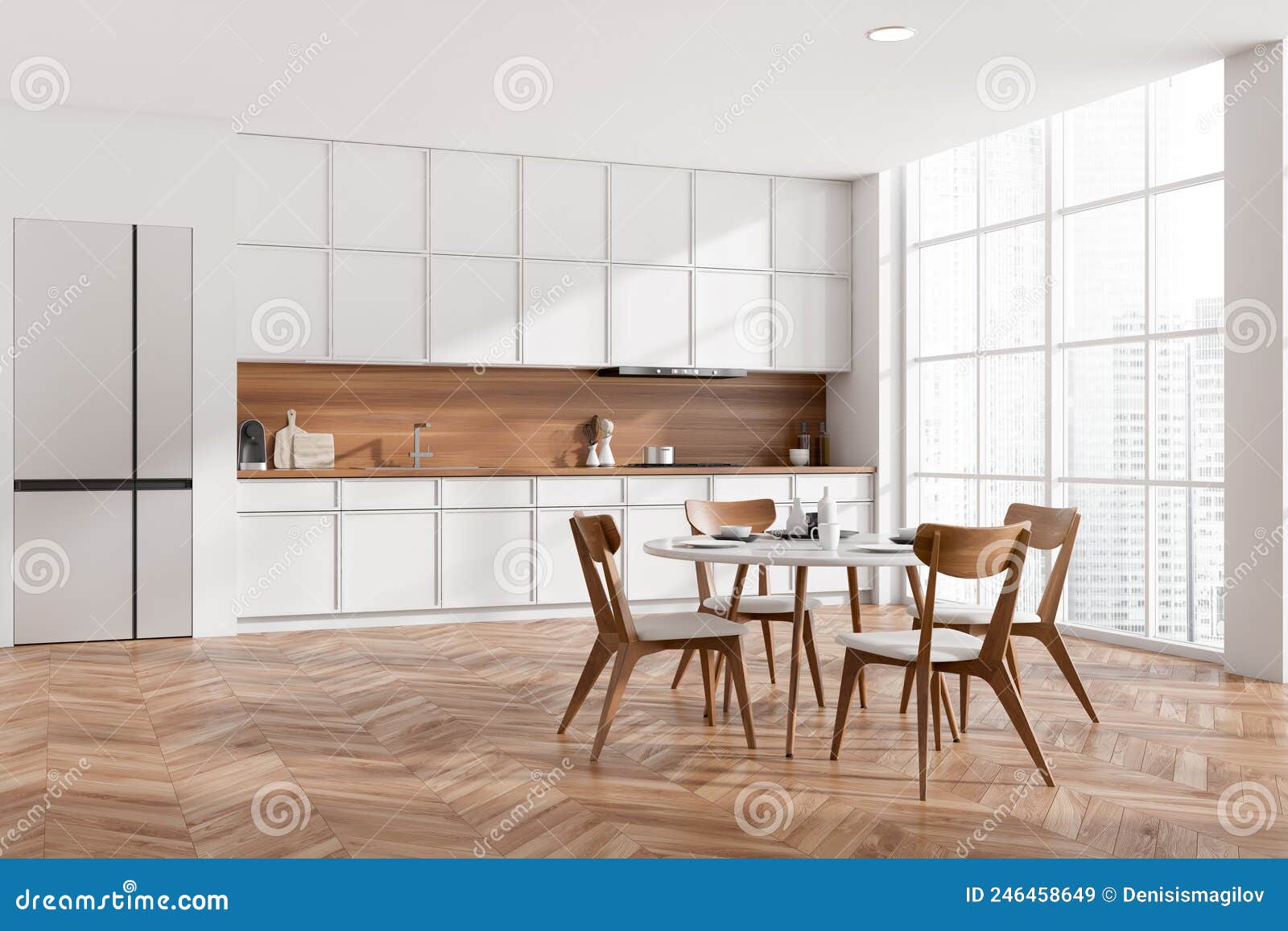 Corner View on Bright Kitchen Room Interior with Dining Table Stock ...