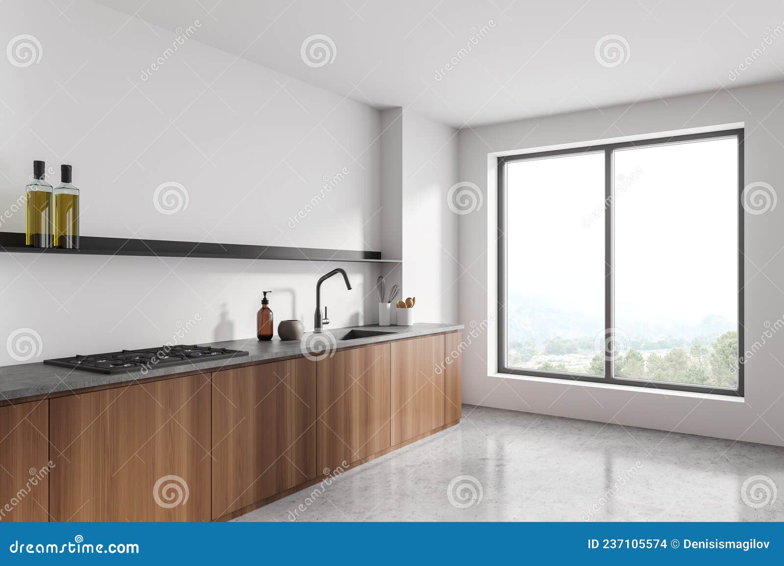 Corner View on Bright Kitchen Room Interior with Panoramic Window Stock ...