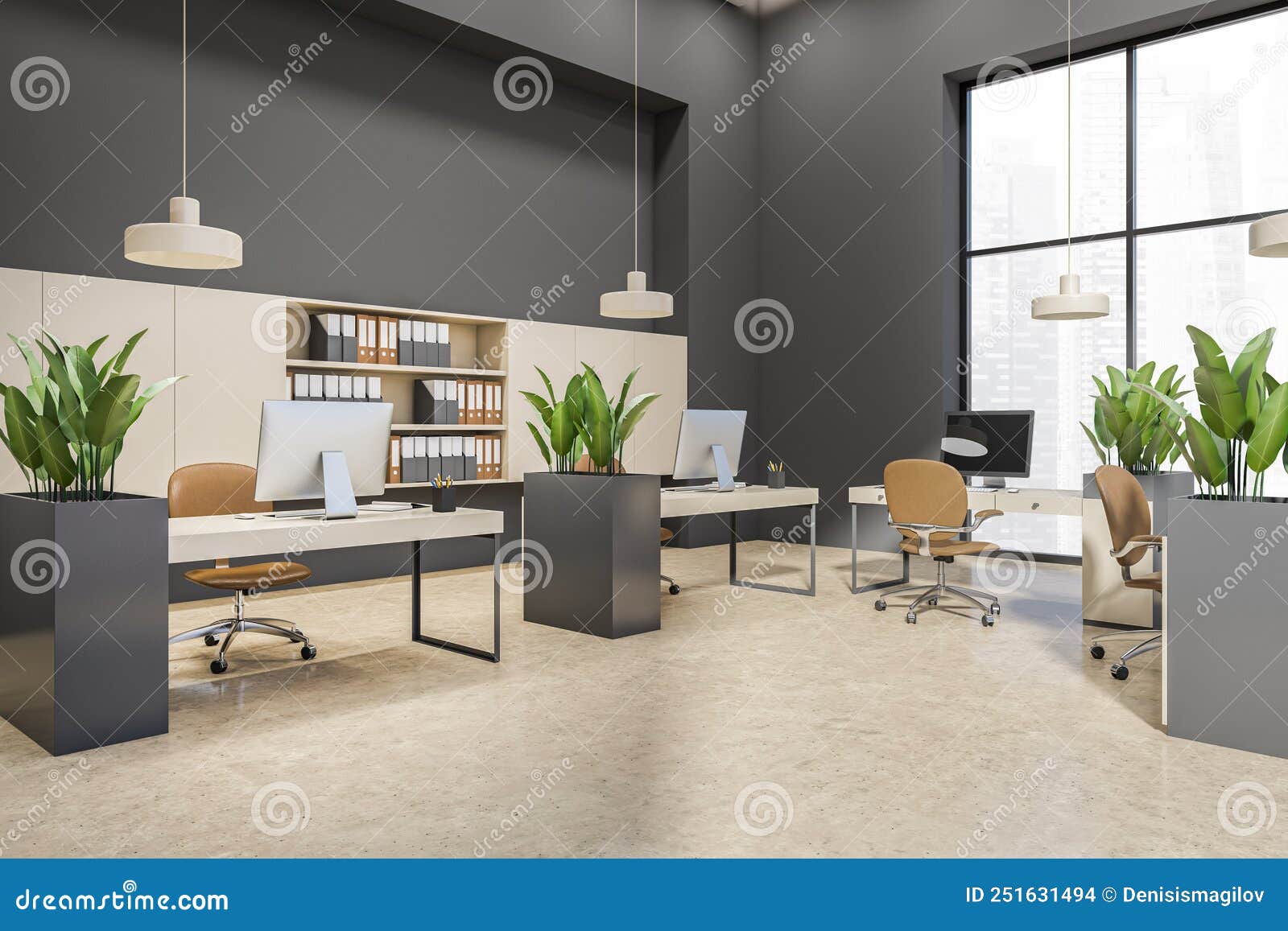 Corner View on Bright Office Interior with Panoramic Windows Stock ...