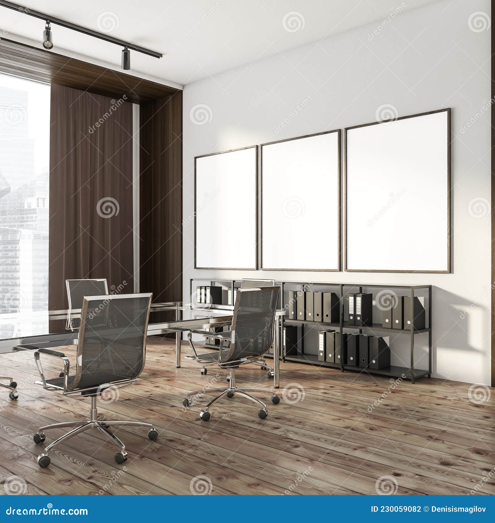 Corner View on Bright Office Interior with Three Empty Posters Stock ...