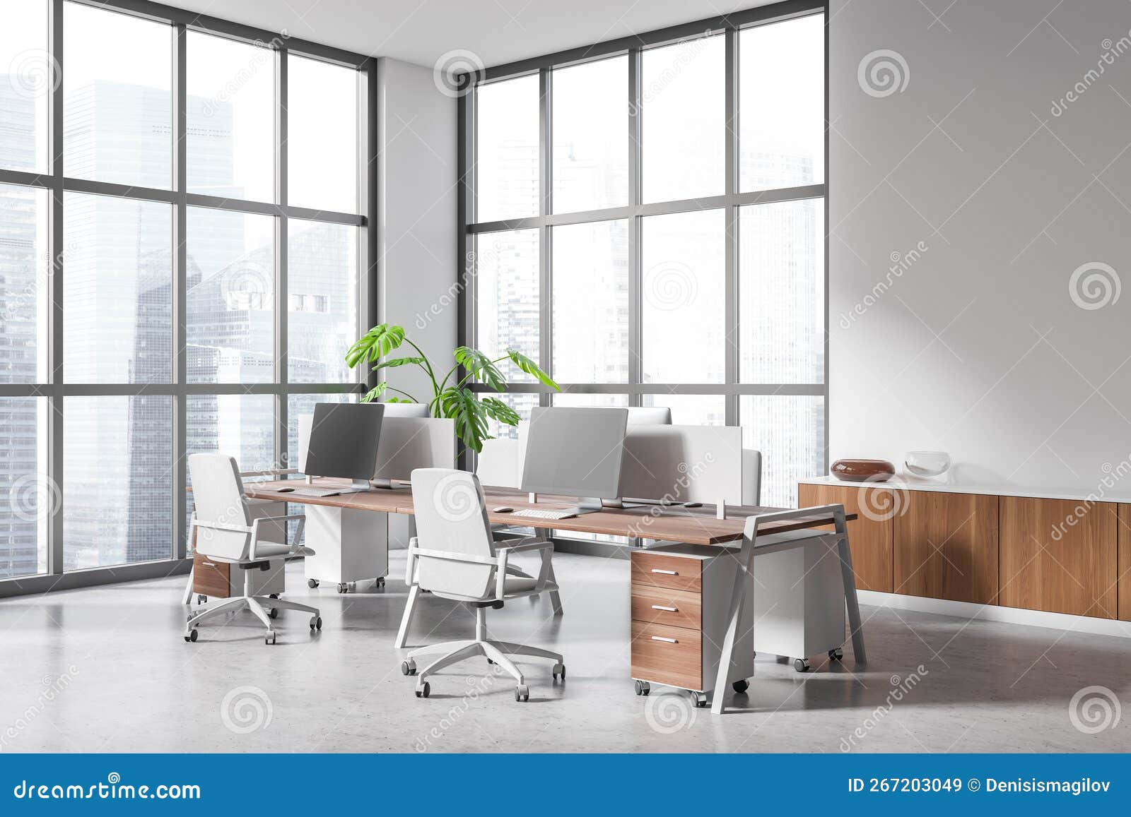 Corner View on Bright Office Room Interior with Computers Stock ...