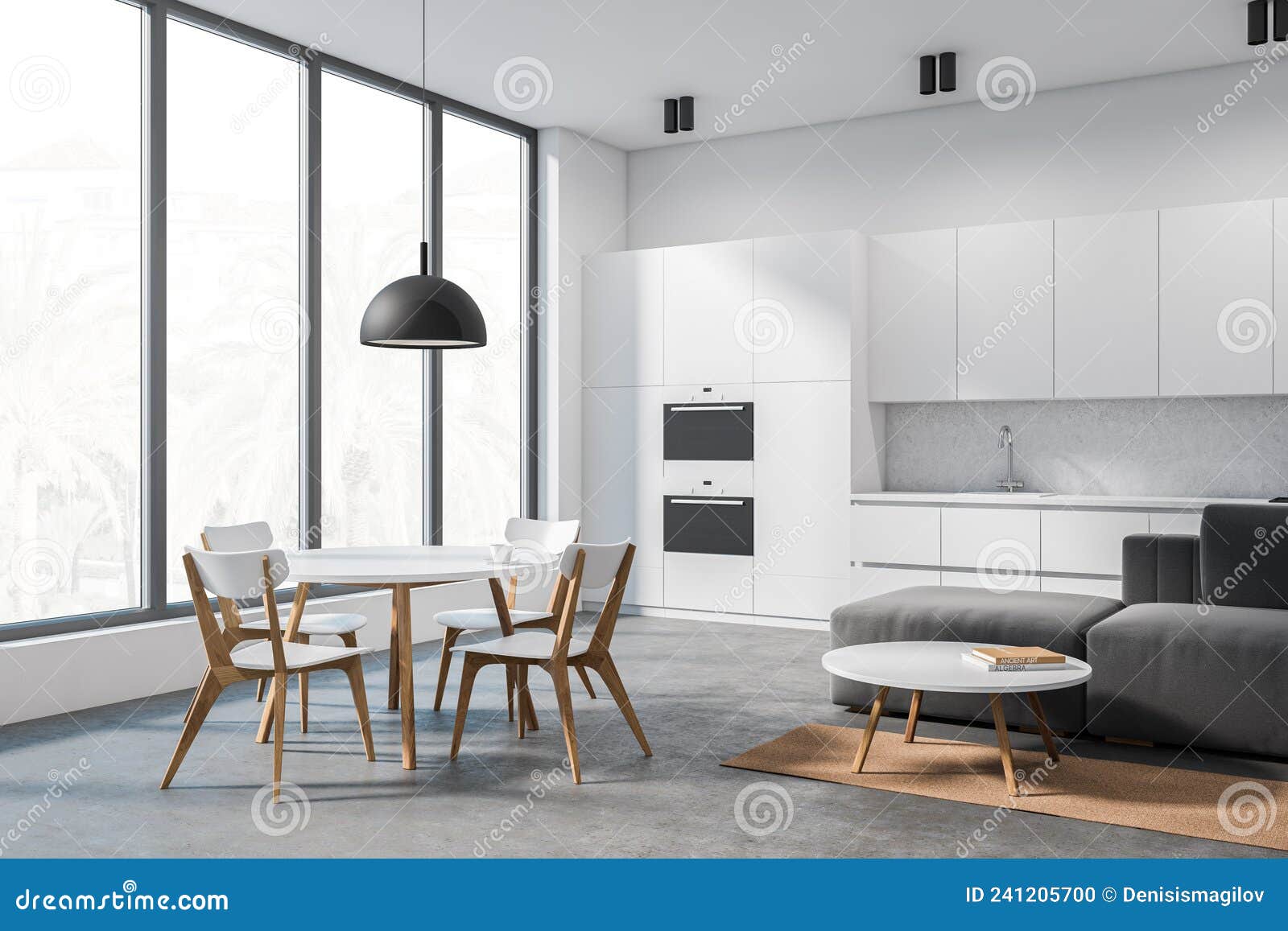 Corner View on Bright Studio Room Interior with Panoramic Window Stock ...