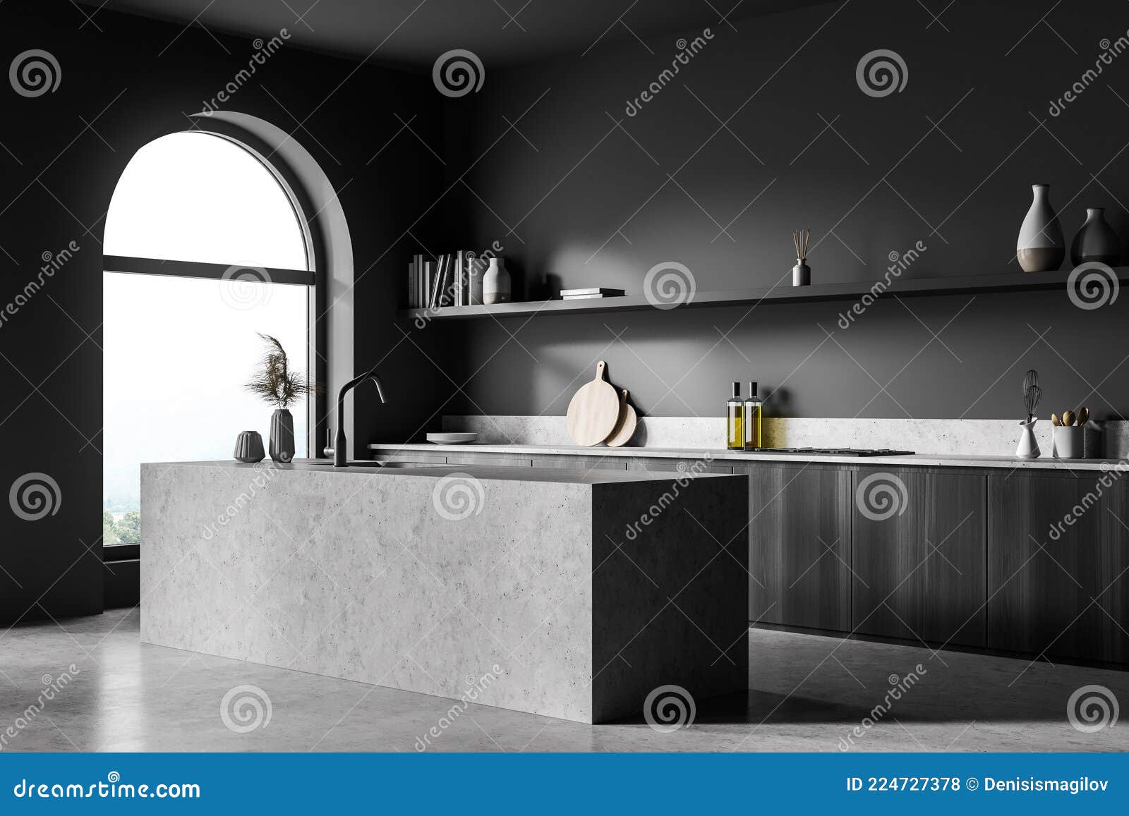 Corner View of the Dark Double Sided Kitchen Cabinet with Arch Window ...