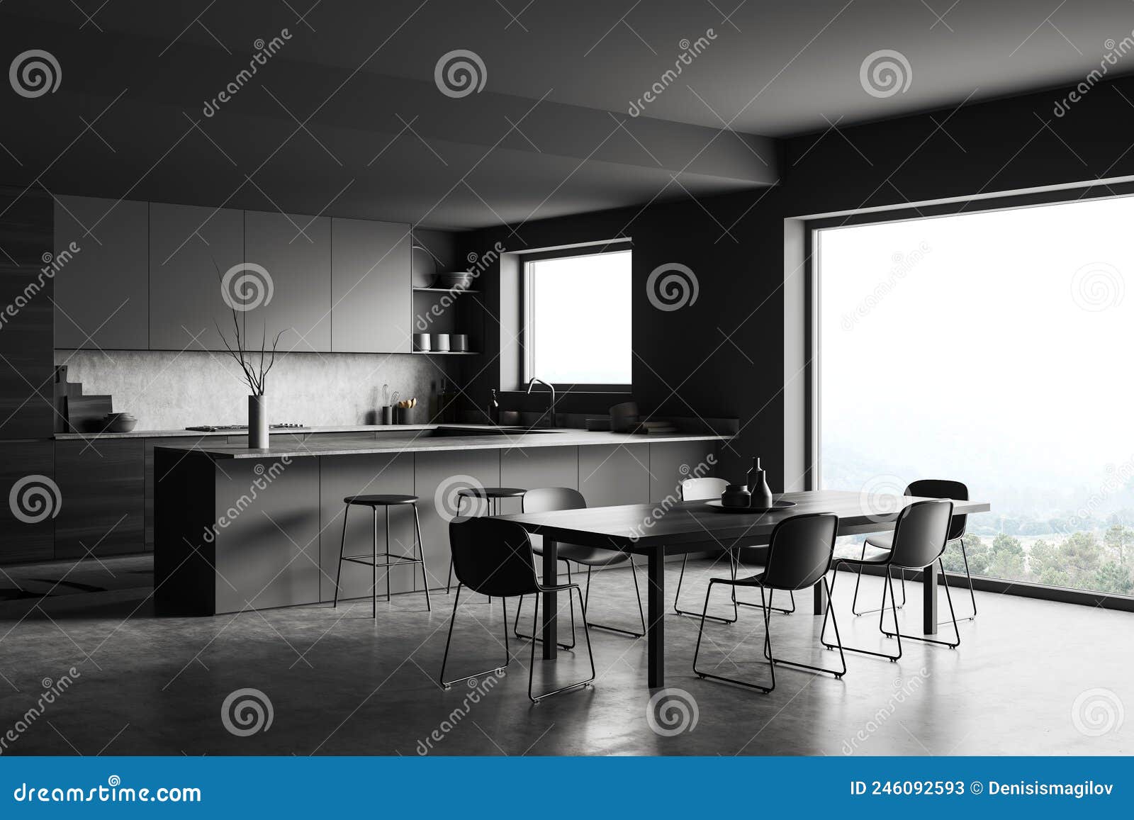 Corner View on Dark Kitchen Room Interior with Panoramic Window Stock ...