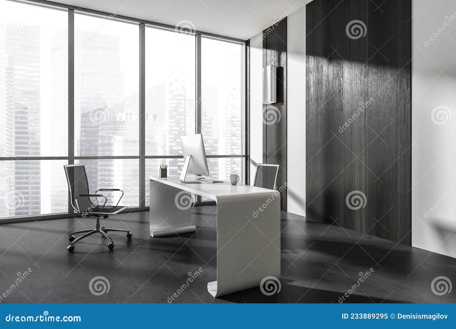 Corner View on Dark Office Room Interior with Panoramic Window Stock ...