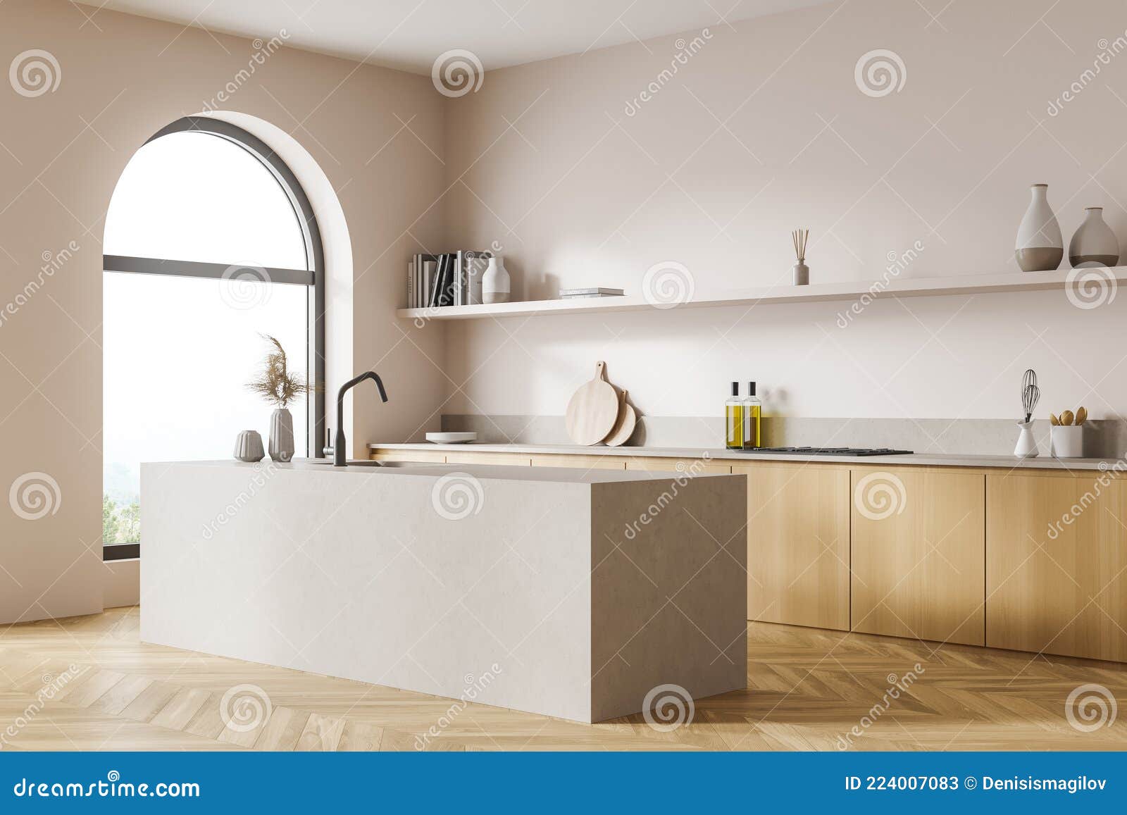 Corner View of the Double Sided Kitchen Cabinet, Light Beige Stock ...