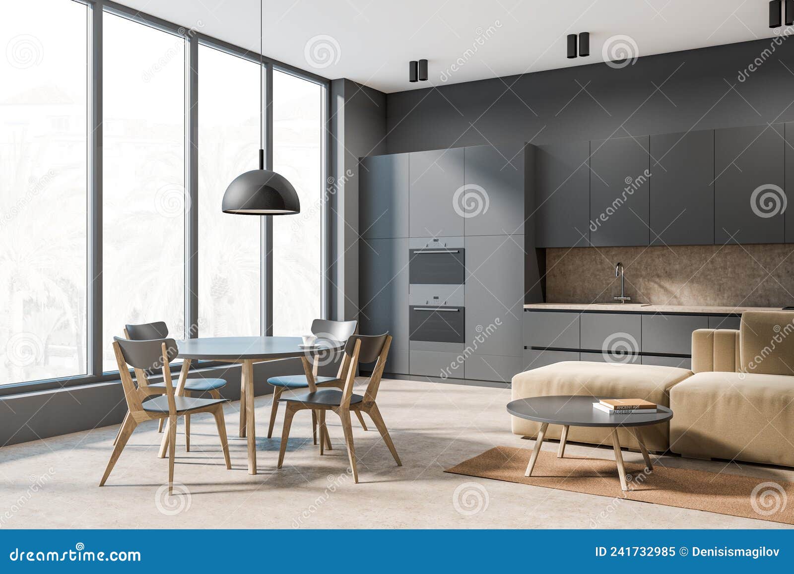 Corner View on Studio Room Interior with Panoramic Window Stock ...