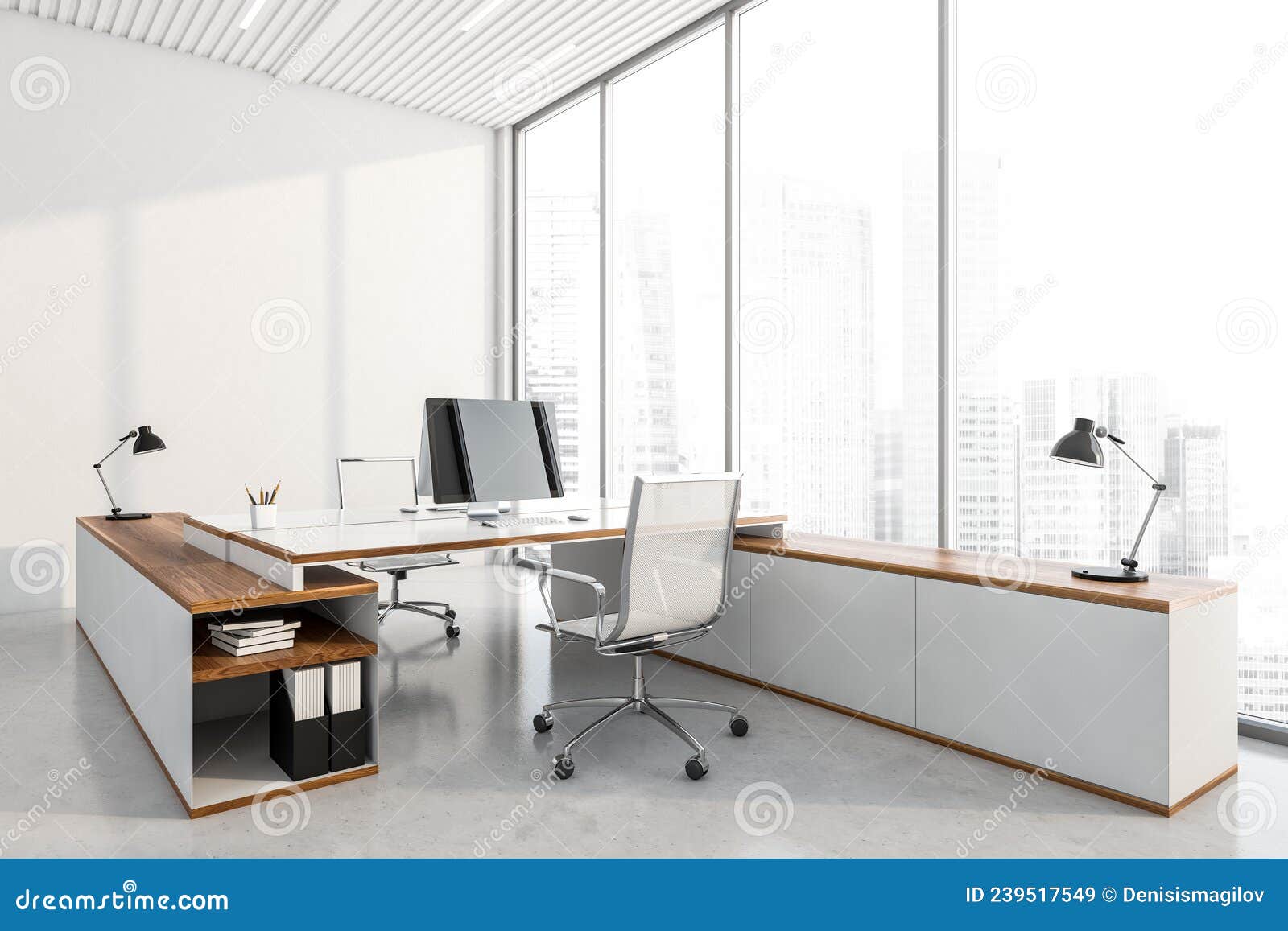 Corner View of White Office Room Interior with Two Workplaces and ...