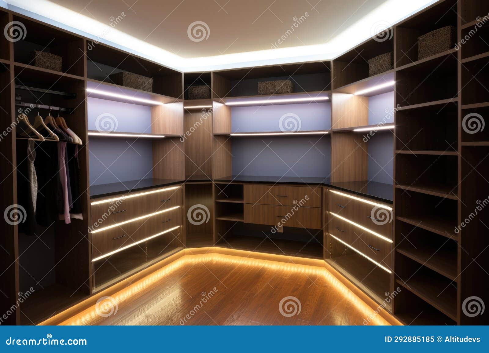 Corner Walk-in Closet with Led Lighting Stock Image - Image of home ...