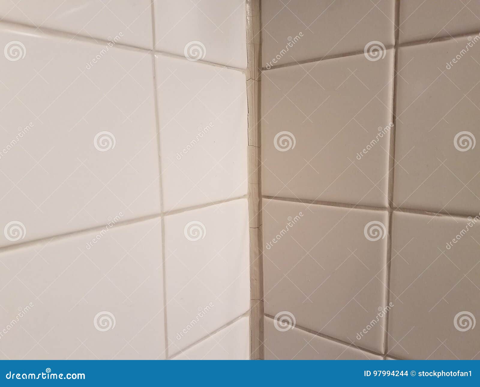 Corner in White Tile Bathroom with White Calk Stock Photo - Image of ...