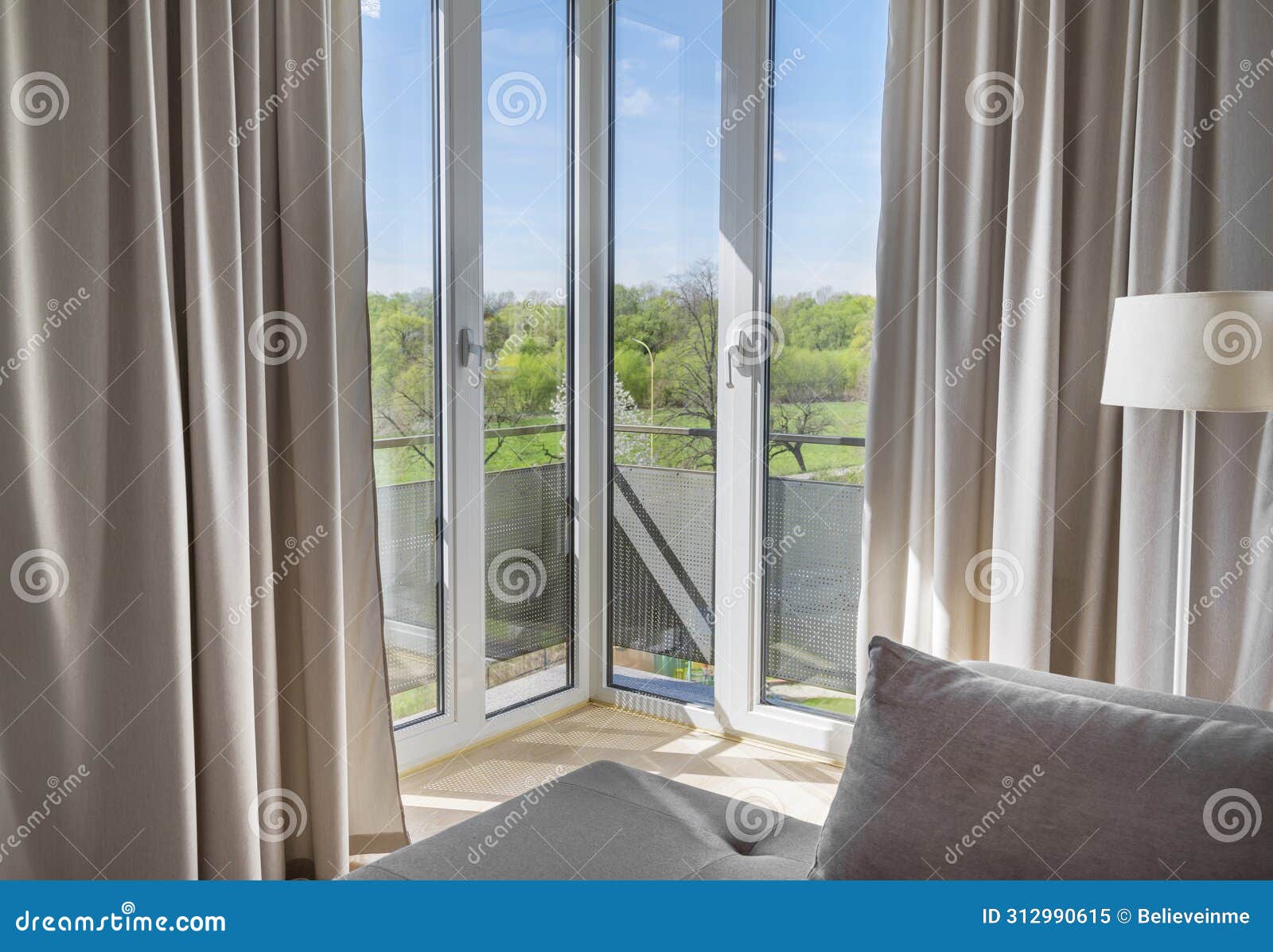 Corner Window To the Floor in the Living Room. Stock Image - Image of ...