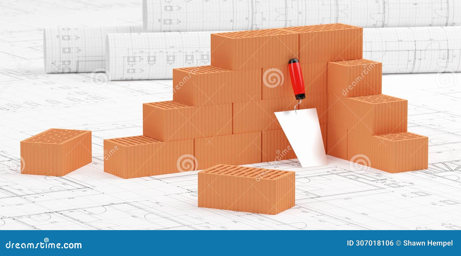 Cornered Stack of Red Brick Stones with Trowel with Drawing Plan Rolls ...