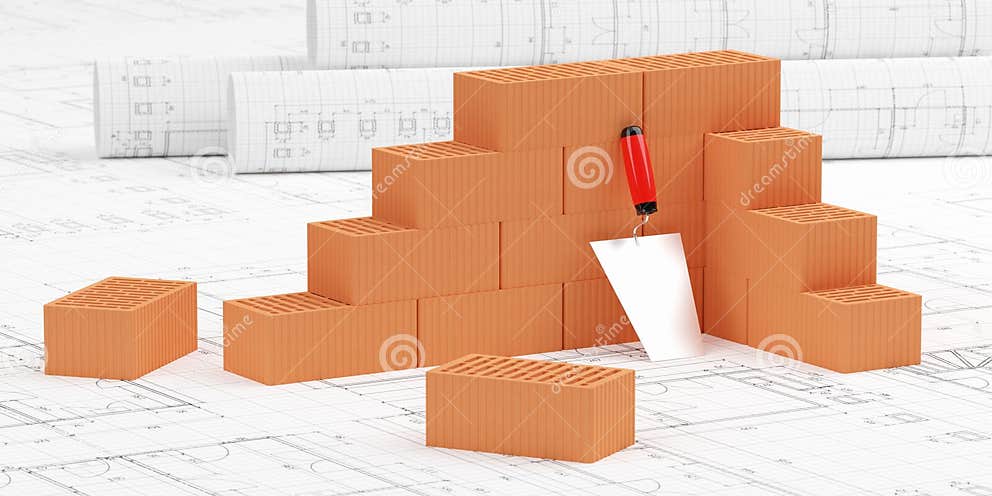 Cornered Stack of Red Brick Stones with Trowel with Drawing Plan Rolls ...