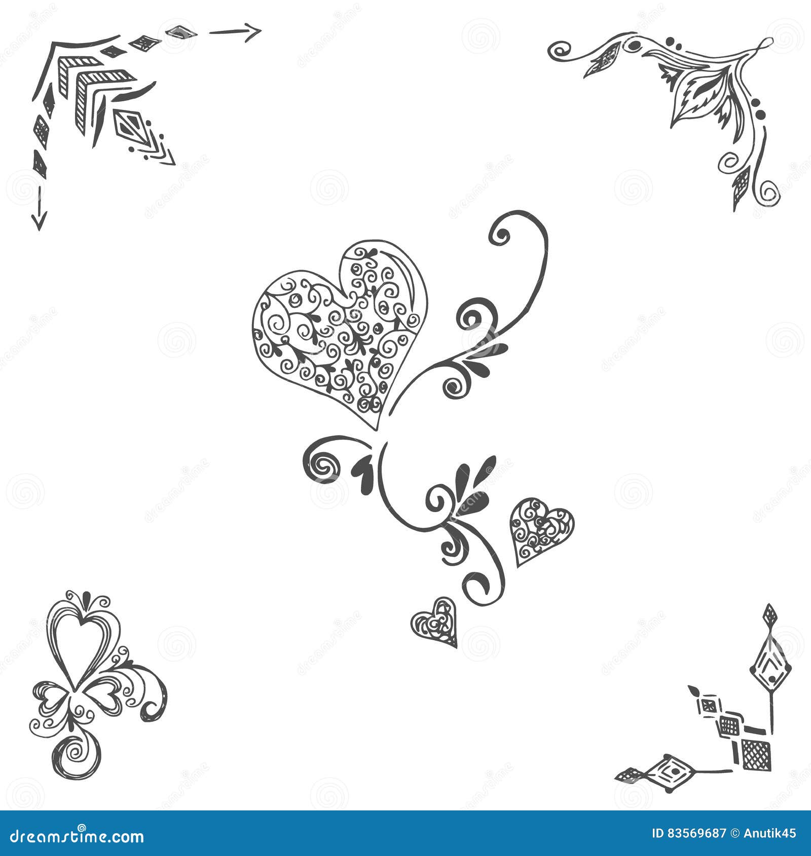 Corners, Hearts, Decor Elements, Sketch Style Stock Vector ...
