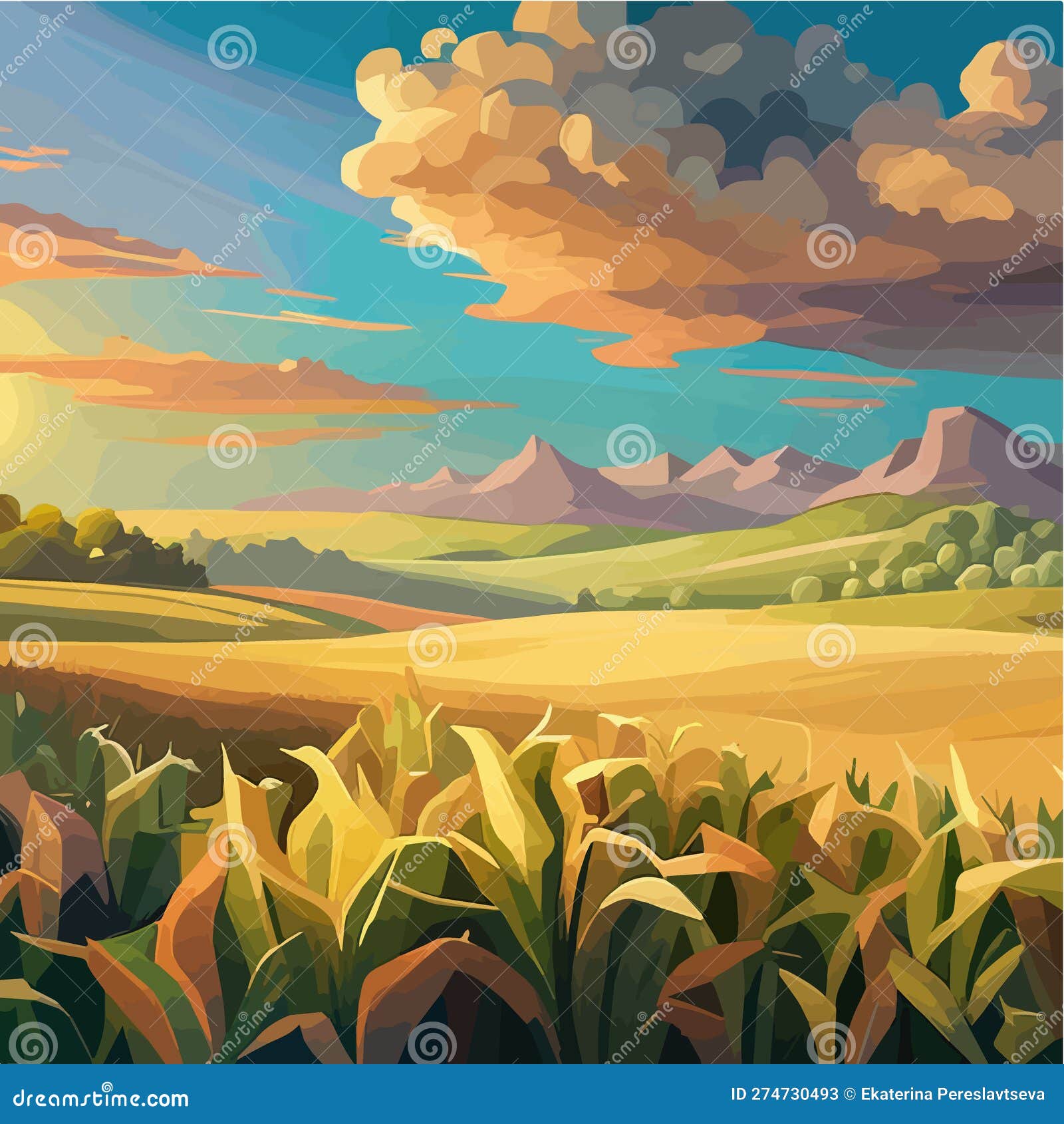 Cornfield Landscape Vector Illustration Cartoon Landscape with Tall ...